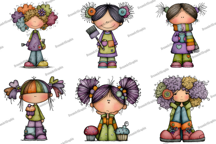 Whimsical Funny Quirky Girl Clipart Bundle