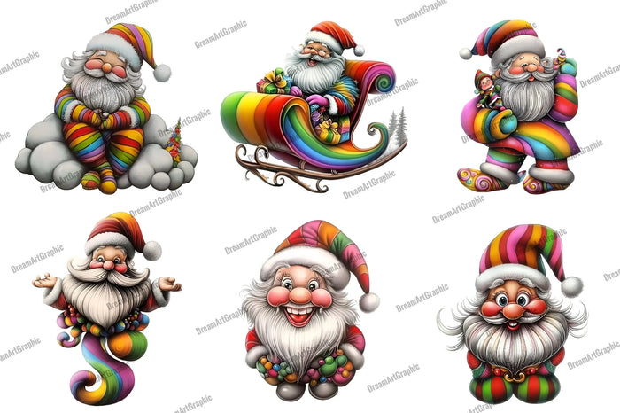 Whimsical Rainbow Santa Clipart Bundle