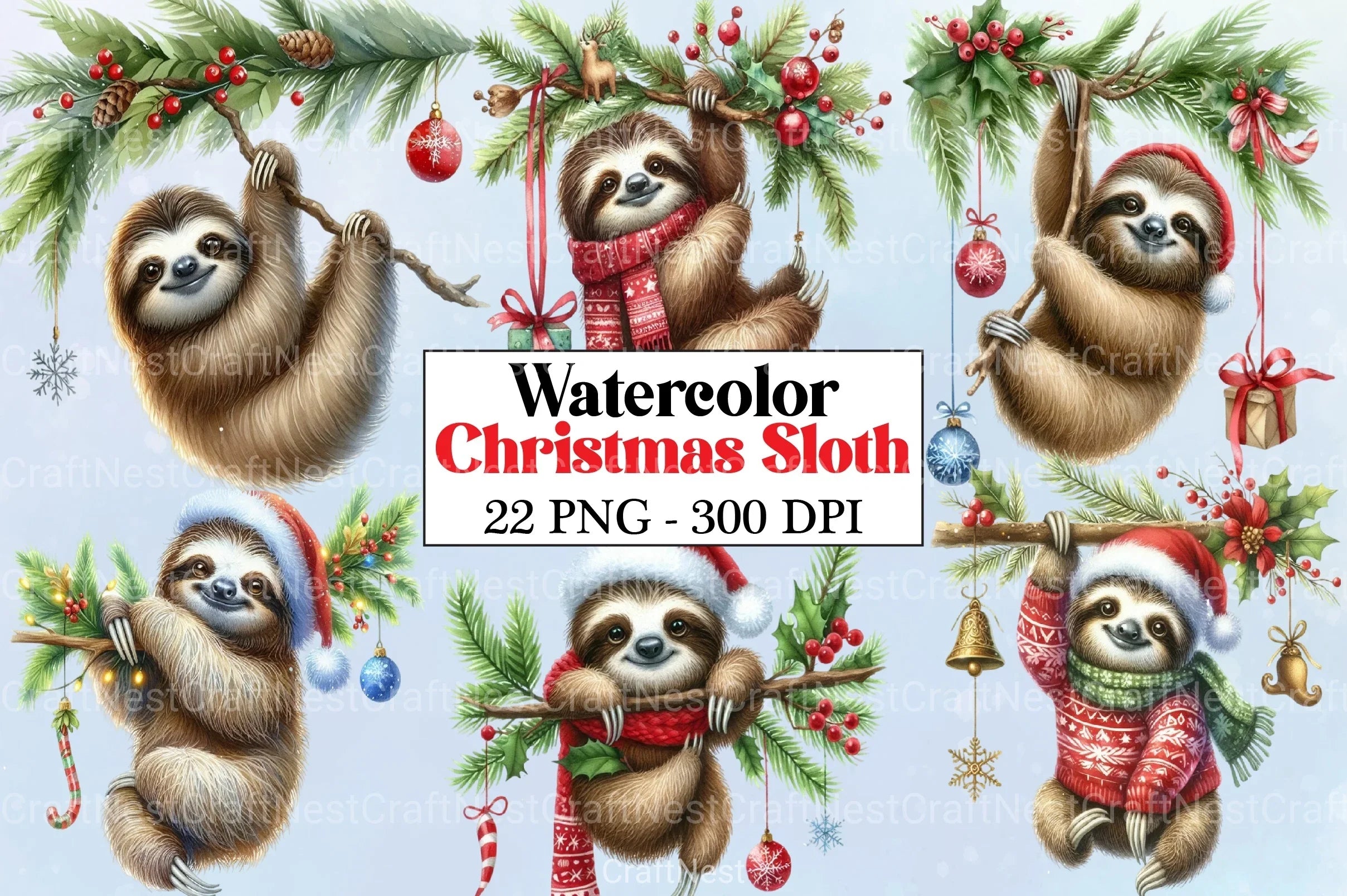 Christmas Sloth Clipart Bundle
