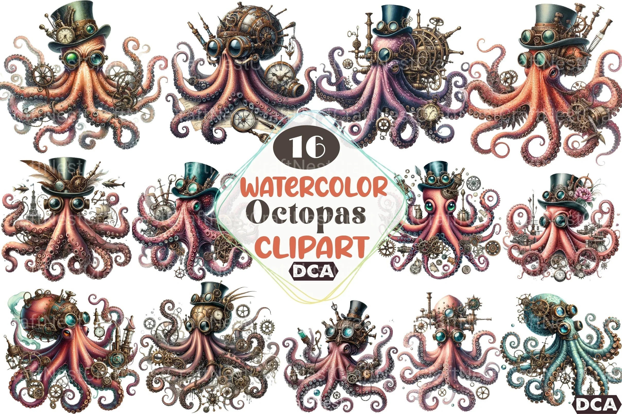 Steampunk Octopus Clipart Bundle