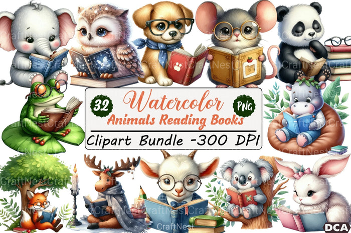 Animals Reading Books Clipart Bundle
