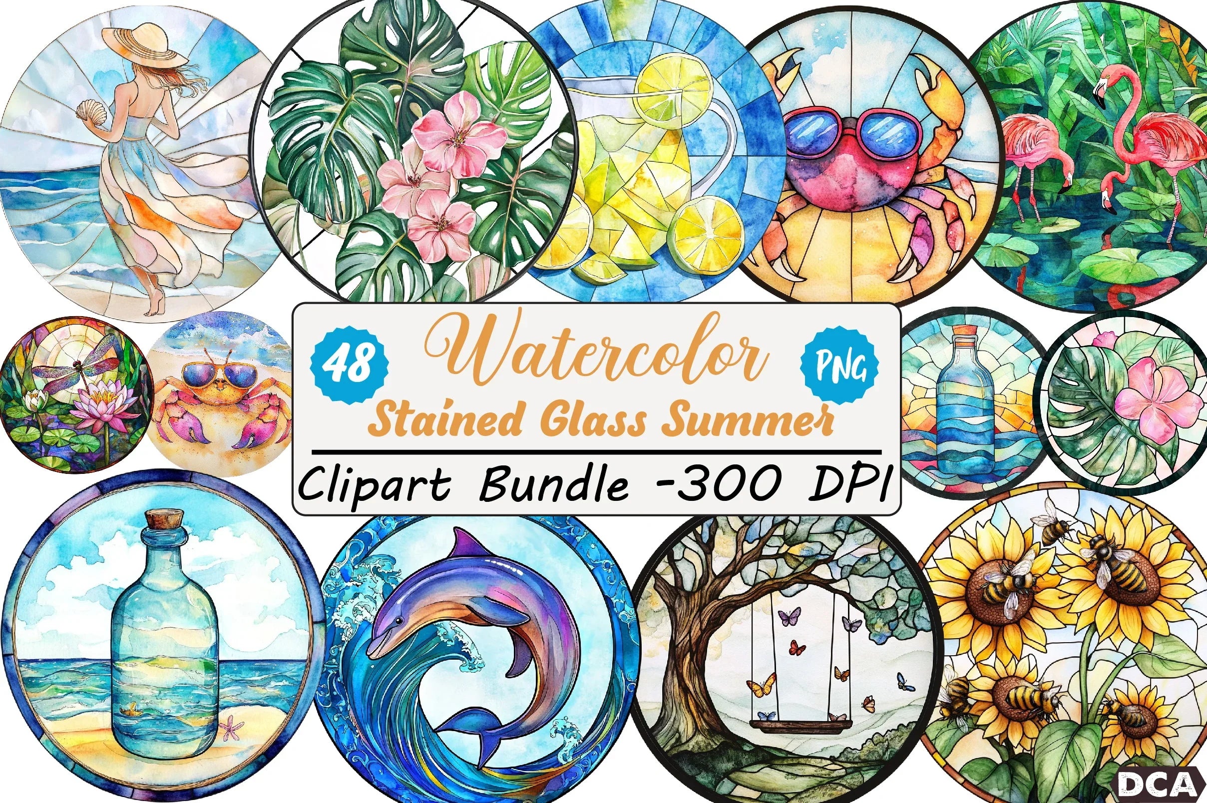 Round Stained Glass Summer Design Clipart Bundle