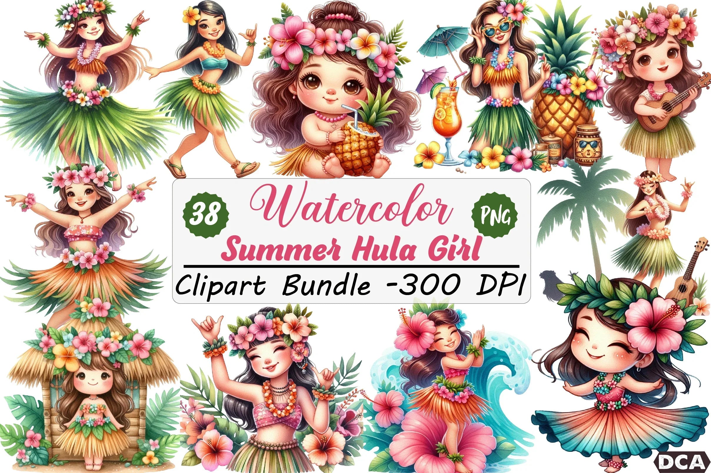 Summer Hula Girl Clipart Bundle