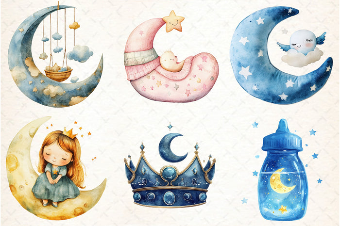 Dreamy Princess Moon Baby Clipart Bundle