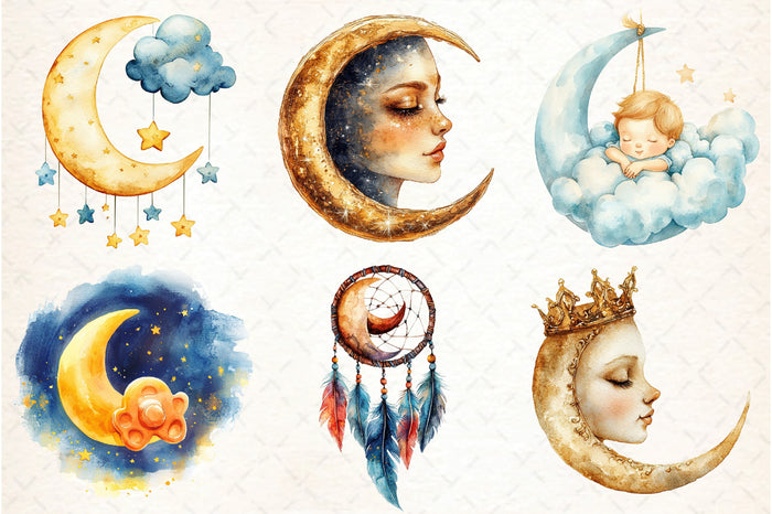 Dreamy Princess Moon Baby Clipart Bundle