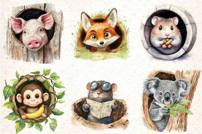Funny Animals in Hole Clipart Bundle