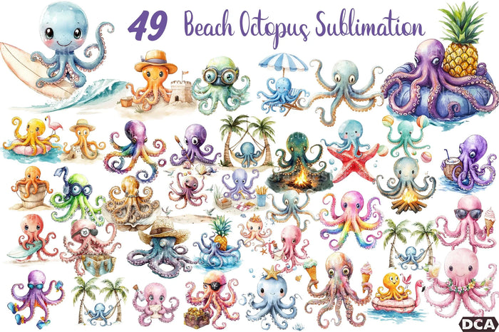 Summer Beach Octopus Clipart Bundle