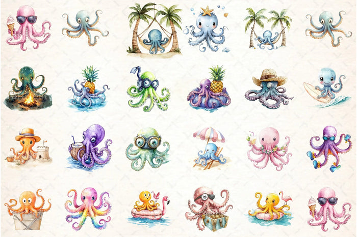 Summer Beach Octopus Clipart Bundle