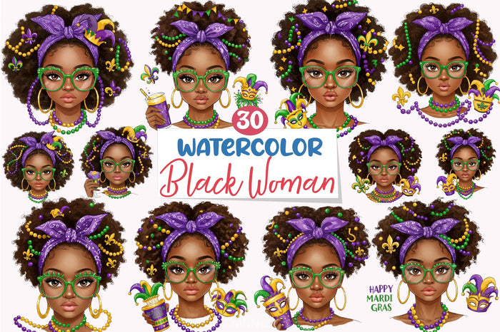 Mardi Gras Black Woman Clipart Bundle