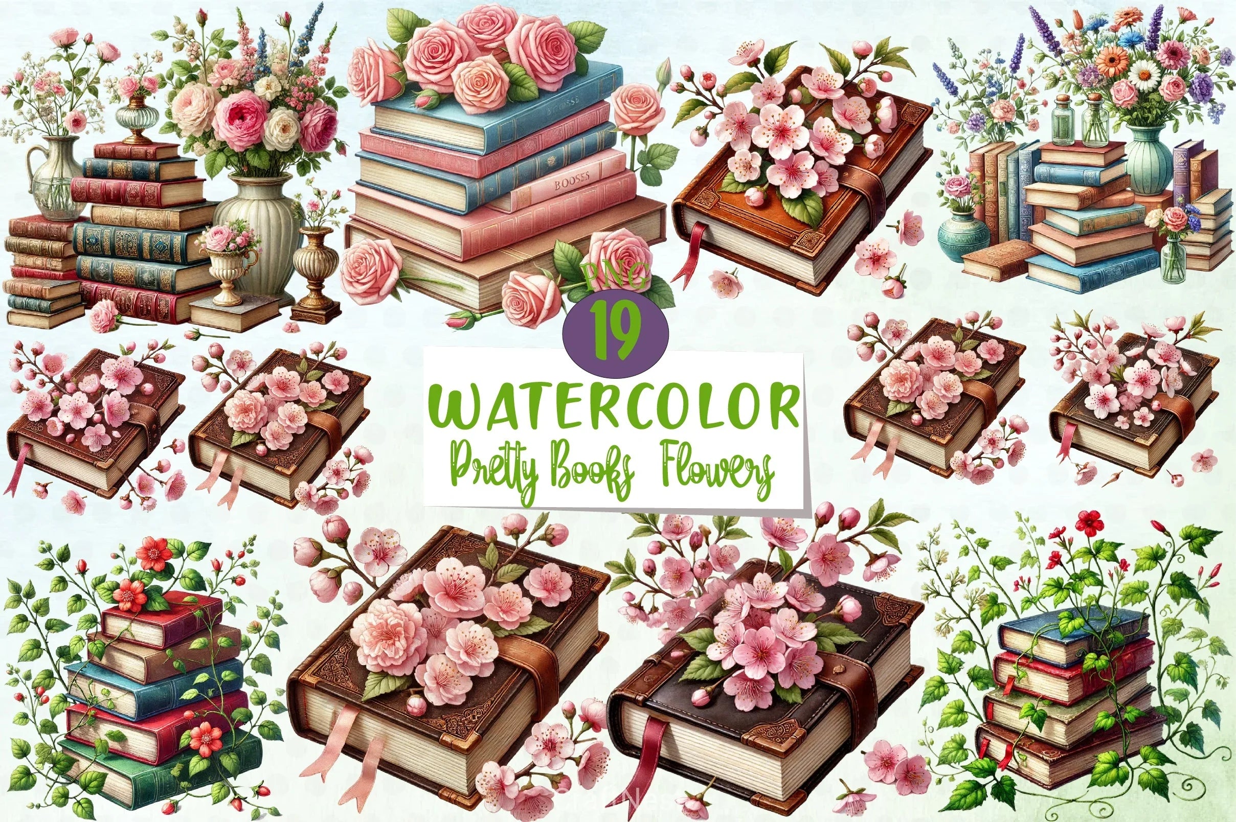 Pretty Books Flowers Clipart Bundle