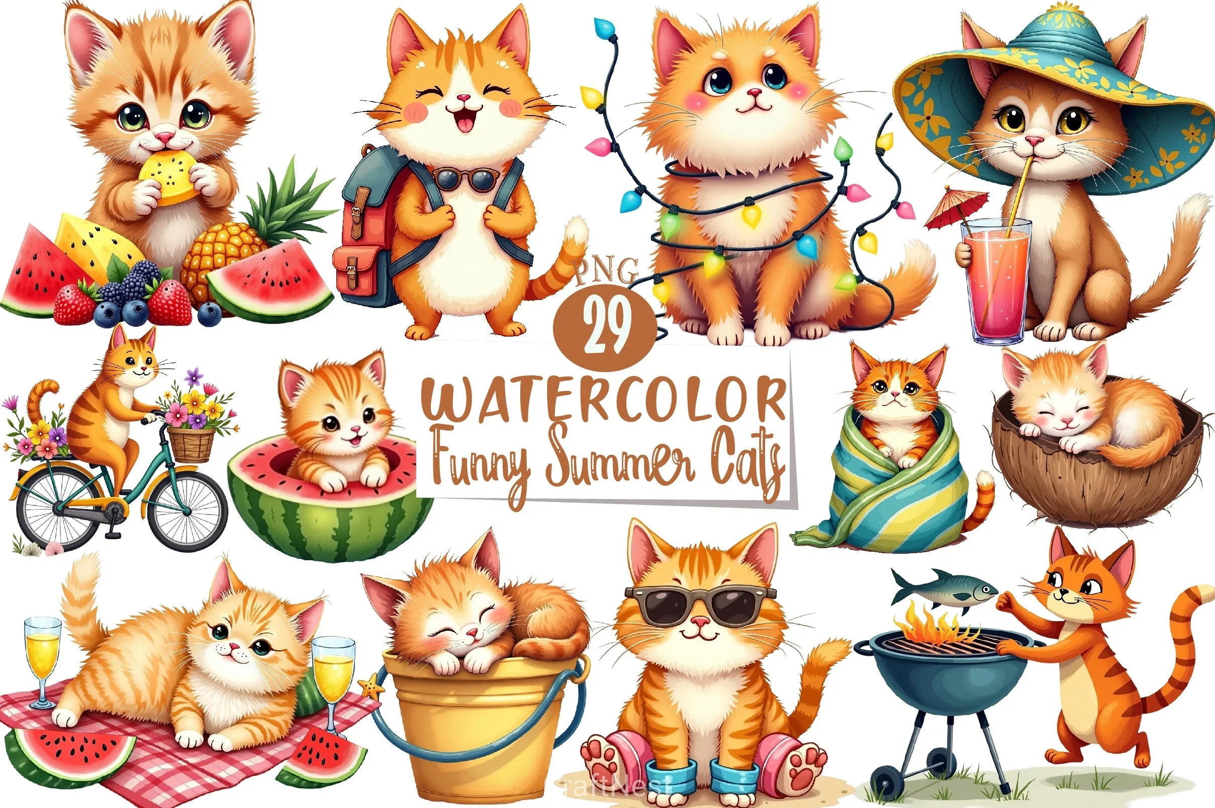 Funny Summer Cats Clipart Bundle