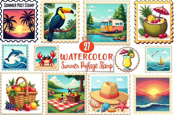 Summer Postage Stamp Clipart Bundle