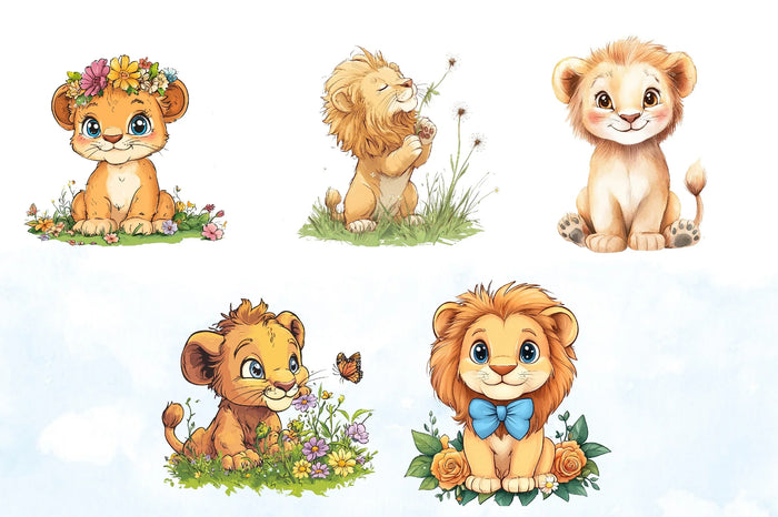 Cute Spring Lion Clipart Bundle