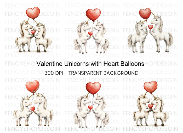 Cute Unicorns with Heart Balloons Clipart Bundle