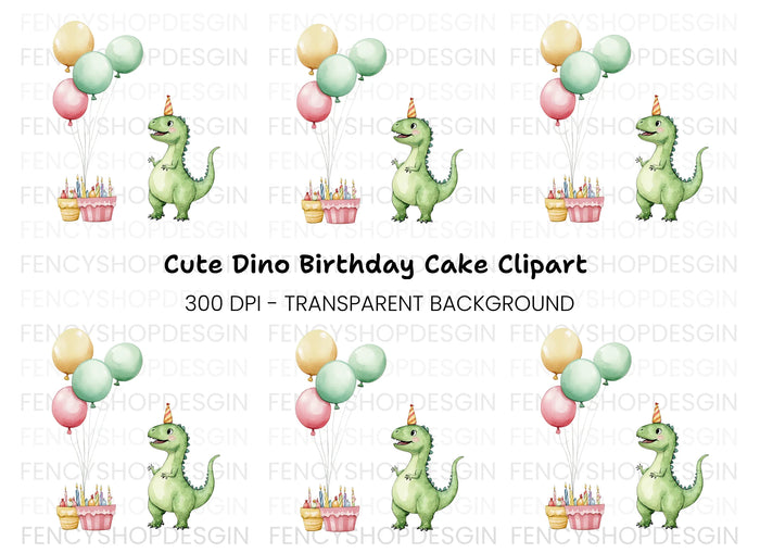 Dinosaur Birthday Cake Balloons Clipart Bundle
