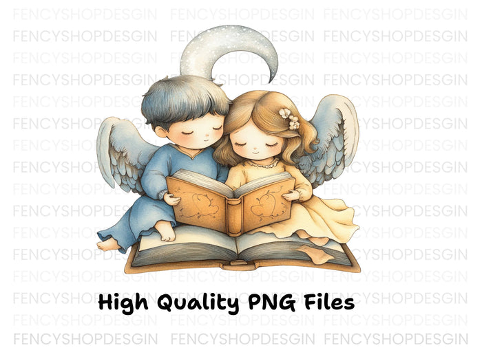 Cute Angel Couples Reading Clipart Bundle