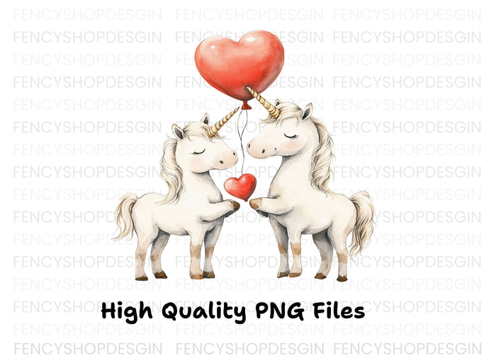 Cute Unicorns with Heart Balloons Clipart Bundle