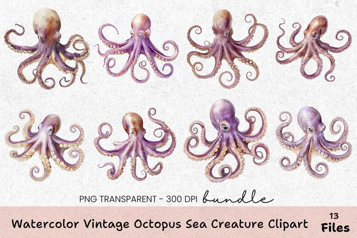 Vintage Octopus Sea Creature Clipart Bundle